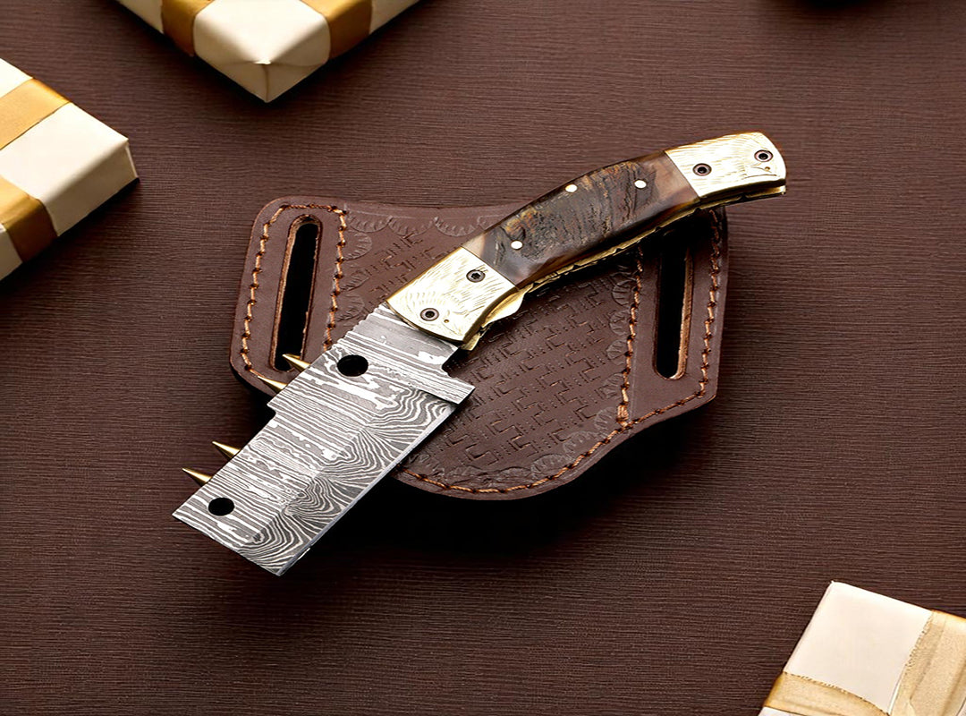 Damascus Etched Cleaver Blade Style Folding Knife with Spine Rivets. P ...