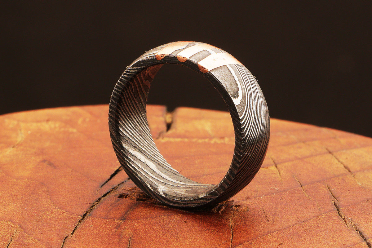 Captivated Damascus Steel Marble Grain Ring with Embedded Brass Cut Li ...